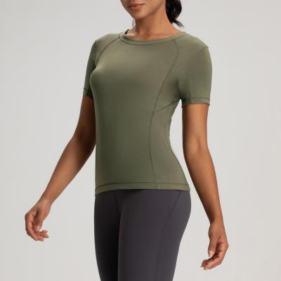 China Short Sleeve Women's Athletic Top Yoga Activewear Slim Fit Moisture Wicking Olive Green for sale