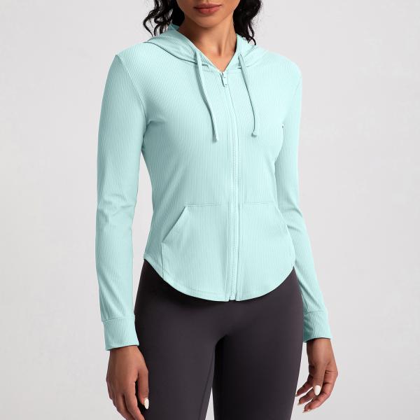 Quality Ribbed Knit Full Zip Women Yoga Jacket Hooded Stretchable with Kangaroo Pocket for sale