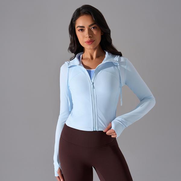 Quality Quick Dry Long Sleeve Women Yoga Jacket Zip Up Hooded Anti UV Slim Fit Light Blue for sale