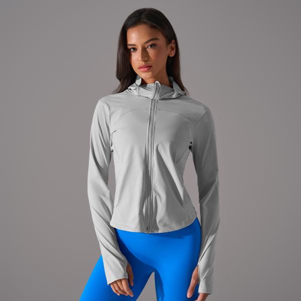 Quality UV Protection Hooded Athletic Jacket Slim Fit Breathable Light Gray for Running for sale
