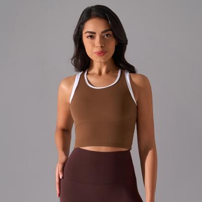 China High Support Brown Racerback Sports Bra with White Trim Moisture Wicking for sale