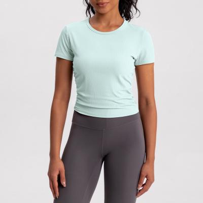 China Ribbed Short Sleeve Women Activewear Tops Beige Slim Fit Moisture Wicking for sale