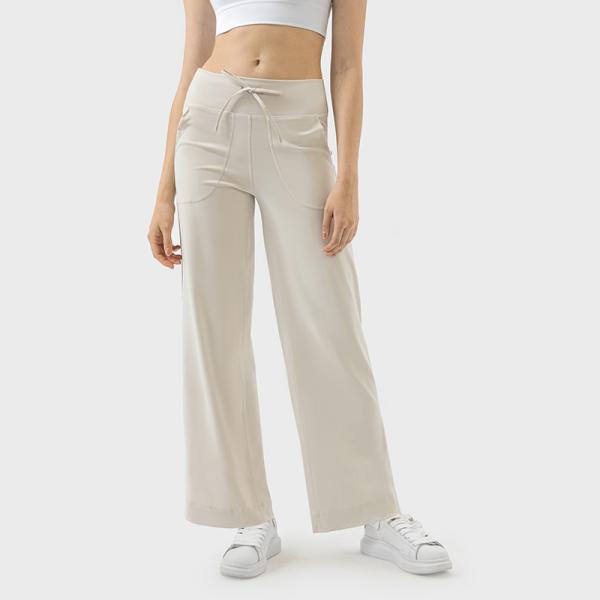 Quality High Waisted Beige Satin Wide Leg Yoga Pants with Pockets Breathable Stretchable for sale