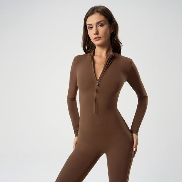 Quality Women's Workout Lounge Seamless One Piece Jumpsuit Full Zip Long Sleeve Brown for sale