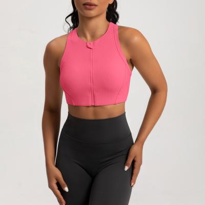 China Sleeveless Ribbed Zipper Yoga Sports Bra Bright Pink Quick Dry High Support Crop Top for sale