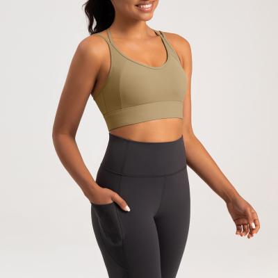 China High Support Nylon Spandex Yoga Sports Bra High Waisted Pocket Leggings Olive Charcoal for sale