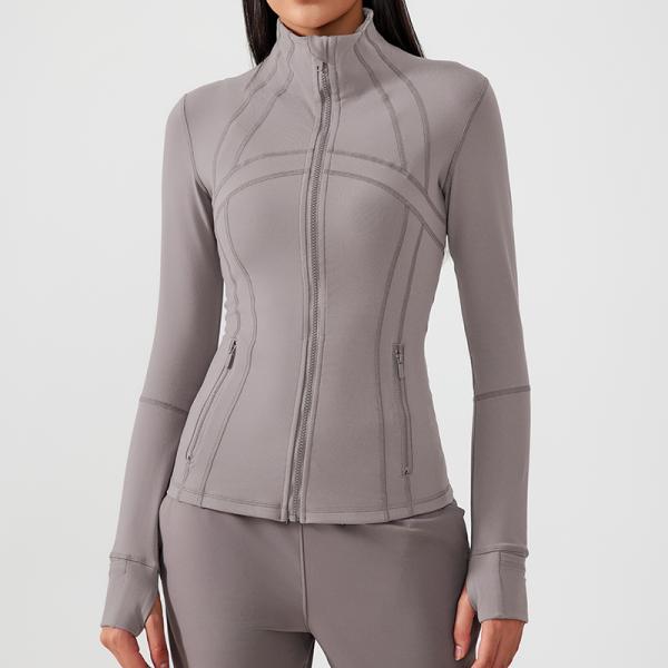 Quality High Neck Nylon Spandex Ladies Yoga Jackets Long Sleeve Full Zip 4 Way Stretch for sale