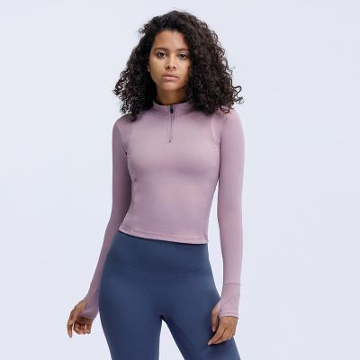 China Lavender Half Zip Cropped Workout Top for Women - Buttery Soft Compression Fabric, Long Sleeve with Thumbholes for Yoga Running and Gym for sale