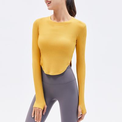 China Mustard Yellow Ribbed Long Sleeve Crop Top for Women, Buttery Soft Stretchy Yoga Shirt with Thumb Holes for Workout Running Gym for sale