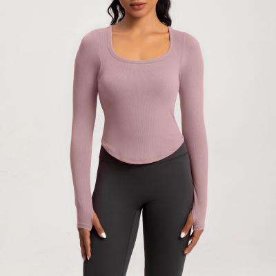 China Scoop Neck Cropped Long Sleeve Workout Top for Women, Buttery Soft Stretchy Fabric, Coffee Brown, Ideal for Yoga Running and Daily Wear for sale