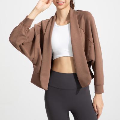 China Oversized Batwing Sleeve Open Front Cropped Cardigan for Women Soft Stretchy Yoga & Casual Wear in Mocha Brown for sale