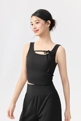 China Women's Ribbed Knit Black Crop Tank Top with Built in Bra Stylish Cutout Detail for Yoga Dance and Daily Wear for sale