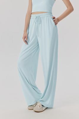 China Light Blue High-Waisted Wide Leg Lounge Pants with Drawstring, Soft Breathable Fabric for Casual Wear and Yoga for sale