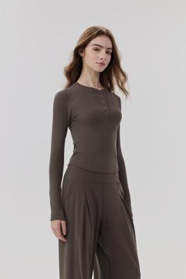 China Women's Ribbed Long Sleeve Henley Top in Mocha Brown, Slim Fit Casual Yoga Wear with Button Placket for sale
