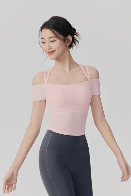 China Off Shoulder Short Sleeve Yoga Top with Double Strap Design, Soft Breathable Fabric in Light Pink for Workout and Fitness for sale