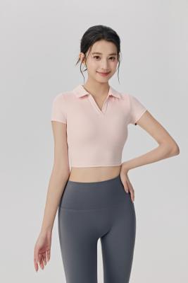 China light pink cropped polo yoga top with v-neck and short sleeves for workout and casual wear for sale