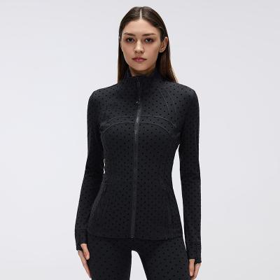 China Black Polka Dot Full Zip Workout Jacket Slim Fit High Neck Athletic Running Top for Women for sale