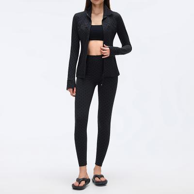 China Black Polka Dot Yoga Jacket and Leggings Set Slim Fit Full Zip Athletic Workout Outfit for Women for sale