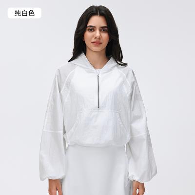 China Women's White Lightweight Half Zip Hooded Windbreaker Jacket with Pockets for Outdoor Casual Wear for sale