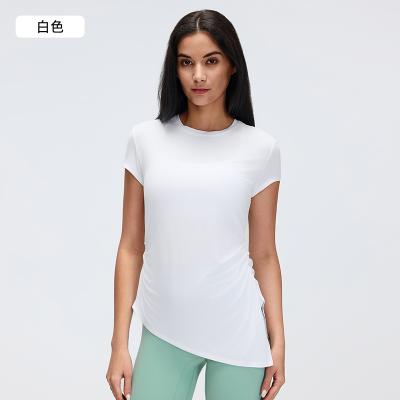 China White Ruched-Side Asymmetric Hem Workout Tee with Short Sleeves for Yoga and Daily Wear for sale