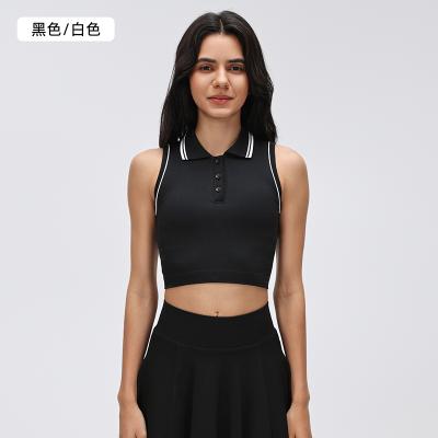 China Black and White Sleeveless Polo Crop Top with Collar, Ribbed Knit, Casual and Active Wear for sale