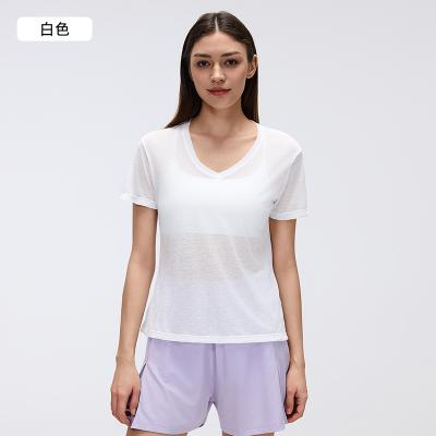 China White Sheer V Neck Short Sleeve Workout Tee for Yoga and Casual Layering for sale