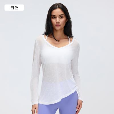 China White Sheer Long Sleeve Workout Top with Side Tie Detail for Yoga and Layering for sale