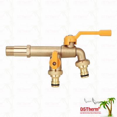 China Long Spoute Heavy-duty Brass Double Outlet Tap Extension Tap Brass Bibcock 1/2"*3/4"*3/4" for sale