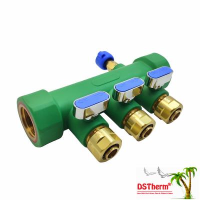 China PPR Manifolds With Ball Valve Hot & Cold Water Blue 3 Ways Manifolds Customized Logo and Color 25mm for sale