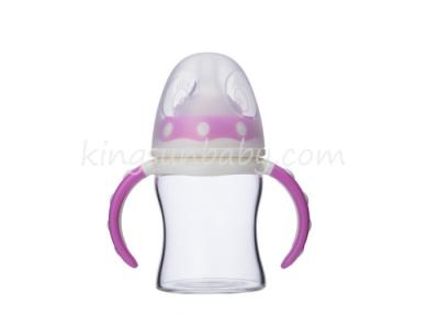China Wide Neck Glass Baby Feeding Bottle With Double Colors Handle, 150ML for sale