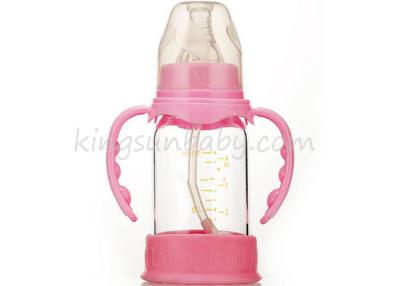 China Shock-Proof  Regular Neck Glass Milk Bottle With Silicone Base And Handle 120ML for sale