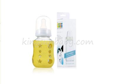 China Standard Drop Resistant Glass Baby Bottle With Silicone Protective Cover 120ml for sale
