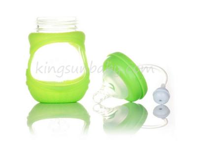 China Wide Neck Glass Baby Feeding Bottle Antic-fall With Silicone Sleeve 210ml for sale