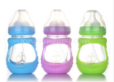 China Anti-broken Wide Neck Glass Baby Feeding Bottle With Silicone Sleeve 210ML for sale