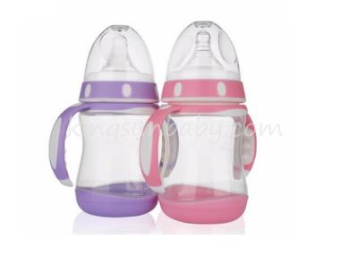 China Double Colors PP Milk Wide Neck Baby Bottle with Lovely Handle Wide Neck Arc Shape for sale