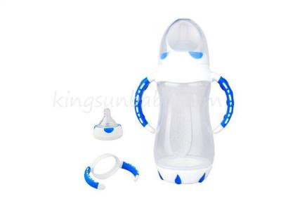China Double Colors PP Plastic Feeding Cute Baby Bottles with Handle Wide Neck Arc Shape 320ml for sale