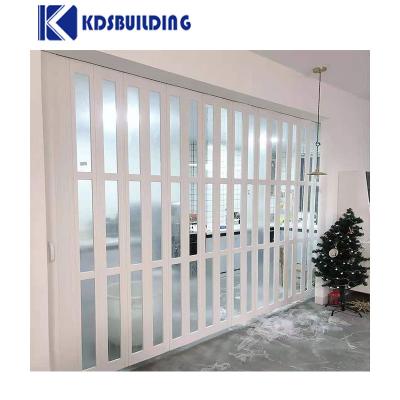 China Customized Plastic Accordion Folding Door Transparent Glass Vertical PVC Frame for sale