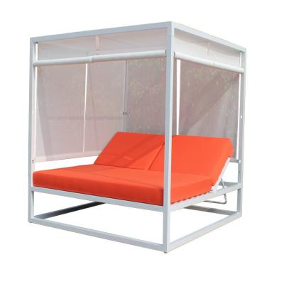 China Modern Hotel Pool Beach Furniture Aluminum Square Outdoor Double Cabana Daybed with Curtains for sale