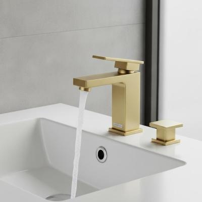 China Square Modern Brass Basin Faucet Brushed Brass Finish Geometric Design with Pop Up Waste Set Ceramic Valve for sale