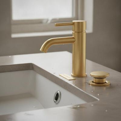 China Compact Short Brass Basin Tap Brushed Brass Finish Mini Deck Mount Design with Pop Up Waste Set Space Saving for sale