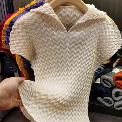 China Women's High-End Solid Color Bow Top Lapel Wave Pattern Pleated Casual Versatile Loose Short Sleeve Spring Summer New Arrival for sale