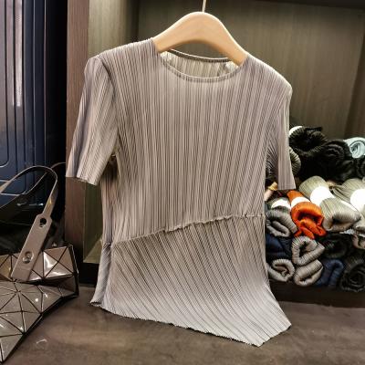 China Miyake's New Summer Women's Clothing Elegant Versatile Asymmetrical Loose Large Size Solid Pattern Short-Sleeved Tops for Office for sale