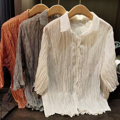 China Women's Cotton Breathable  Top Turn-Down Collar Pleated Design Versatile Solid Color Long for sale