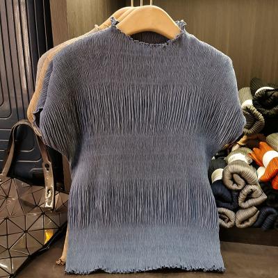 China Women's Elegant  Pleated T-Shirt Anti-Pilling Woven Fungus-Textured Stand-Up Collar Short-Sleeved Loose Casual for for sale