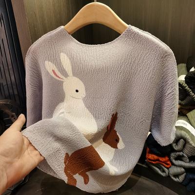 China Women's High-End Elegant Short Casual Style Printed Rabbit T-Shirt Summer New Loose Slimming Plus Size Knitted Digital Printing for sale