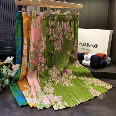 China Original Design Pleated Chinese Style Disc Half Skirt 2024 Printed Pleated Skirt Wrap Slit Summer Skirt for sale