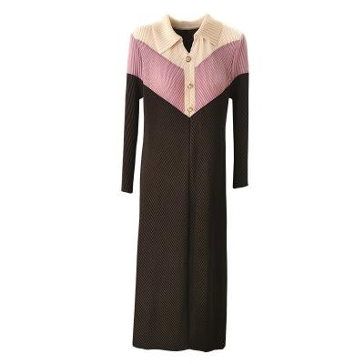 China Summer New  Contrasting Color Splicing Mid Long Button Lapel Dragon Scale Pleated Dress for sale