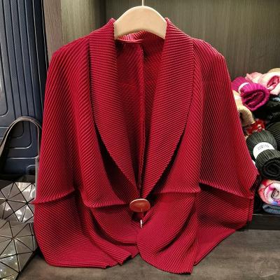 China High-End Women's Elegant Cardigan Top Dragon Scale Pleated Loose Slim Lapel Casual Long Length Pure Chiffon Polyester Nonwoven for sale
