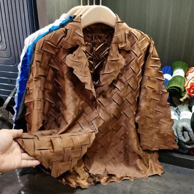 China Women's Elegant Commuter Long Sleeve  Solid Color Woven Texture Pleated Turn-Down Collar Casual Polyester New for sale