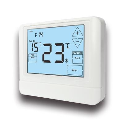 China 24V Conventional Electronic Room Touch Screen Programamble Thermostat Physical Dimensions 120mm W 98mm H 27mm D and Temperature Ranges 32°F to 99°F 0°C to 40°C Energy Management for sale
